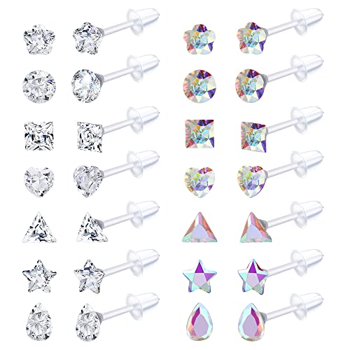 LOLIAS 14Pairs Clear Plastic Earrings Stud Earrings for Women Rhinestone Acrylic Stud Earrings Clear Piercing Retainer for Sport Work,Color