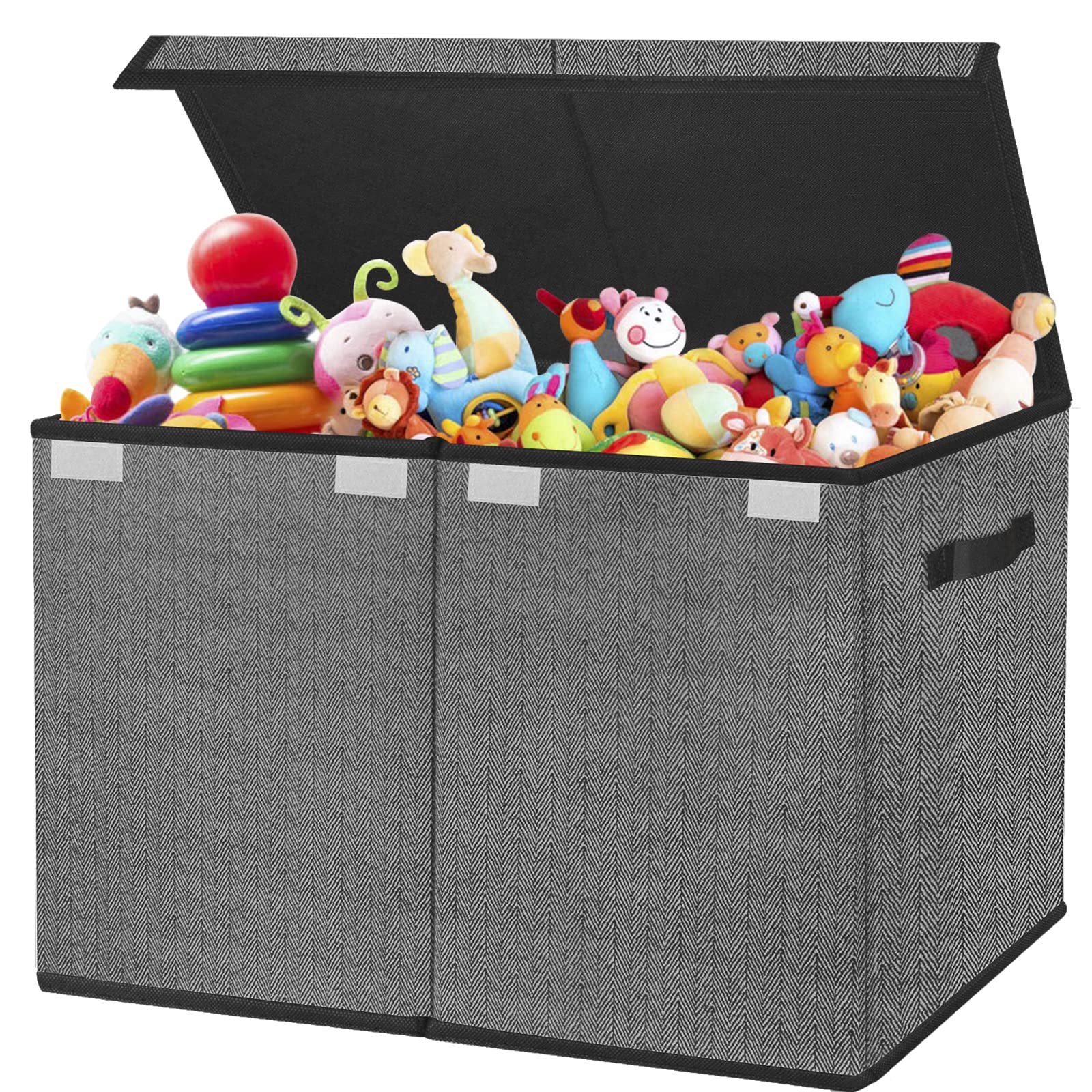 Large Toy Box Chest Organizer Bins for Boys Girls Kids, Collapsible Fabric Storage Basket Container with Flip-Top Lid & Handles for Clothes,Blanket,Nursery,Playroom,Bedroom, Herringbone Pattern(Gray)