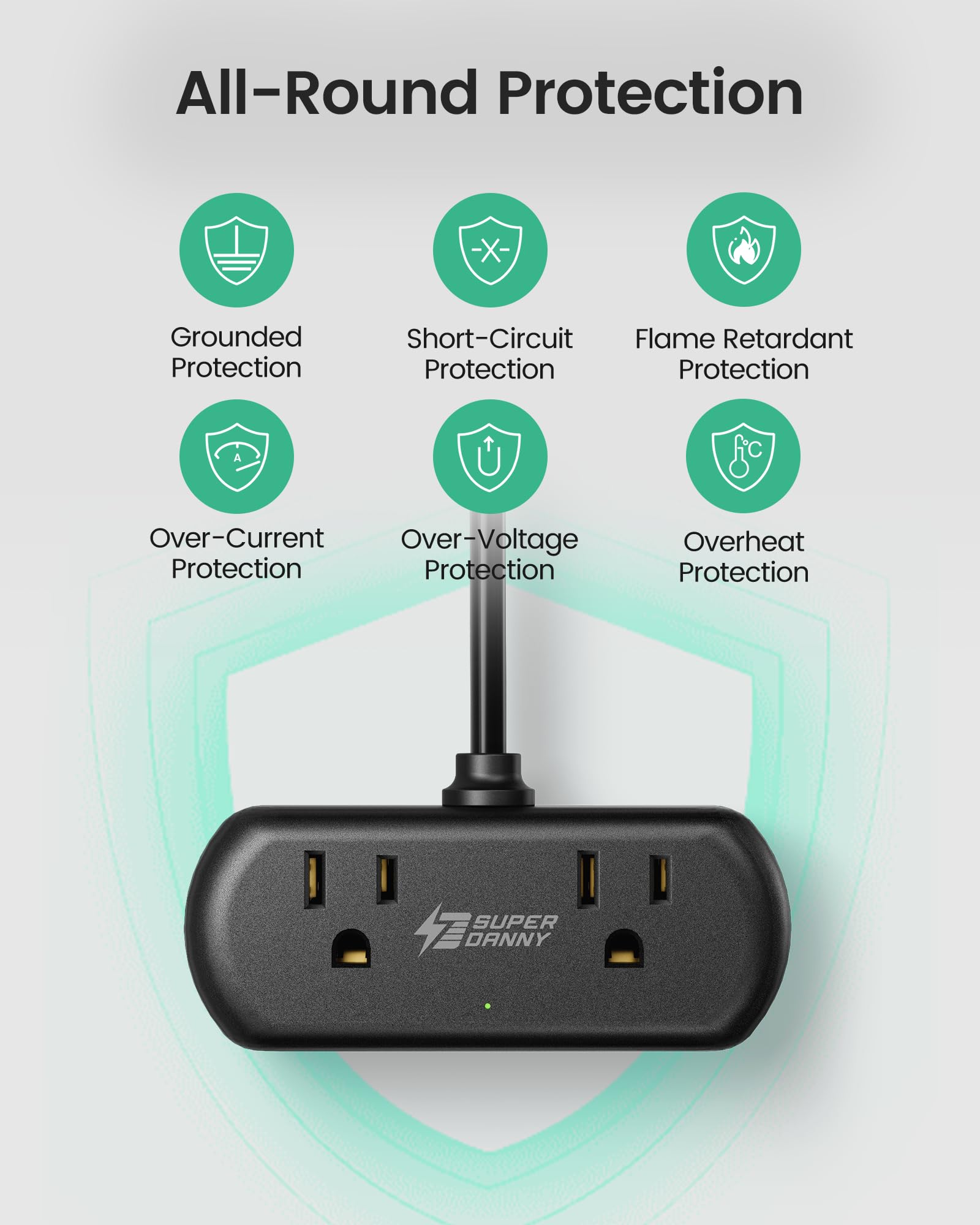 Power Strip with USB, SUPERDANNY Mini Surge Protector with 2 Wide-Spaced Outlets, 3 USB-A and 1 USB-C, 5 Ft Extension Cord, Flat Plug, Compact Size Desktop Charging Station Travel, Home, Office, Black