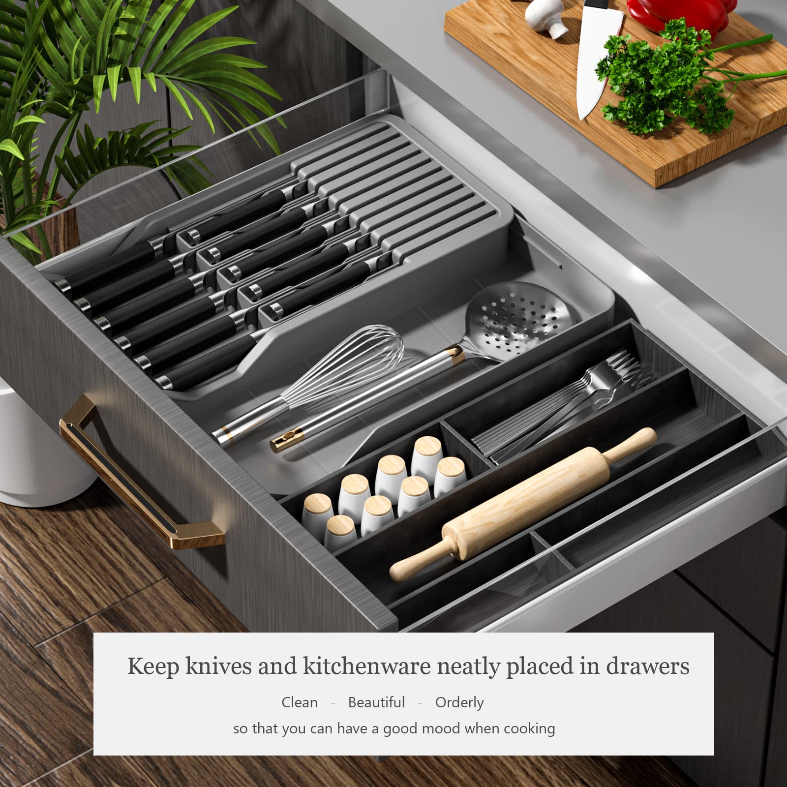 Mulikeer Knife Holder, In Drawer Knife Block Holder with Expandable Cutlery Tray Kitchen Drawer Organizer Insert-Holds 11 Knives for Save Space & Kitchen Safety (Drawer knife holder, Plastic)