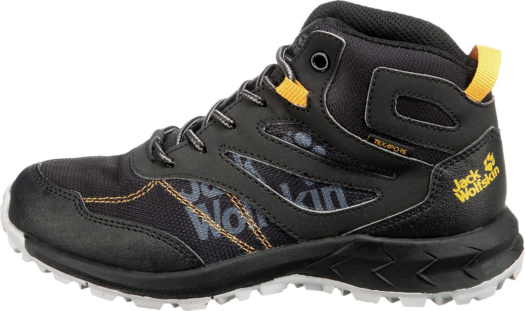 Jack Wolfskin Woodland Texapore Mid K Hiking Boot, Black/Burly Yellow XT, 5 US Unisex Big Kid