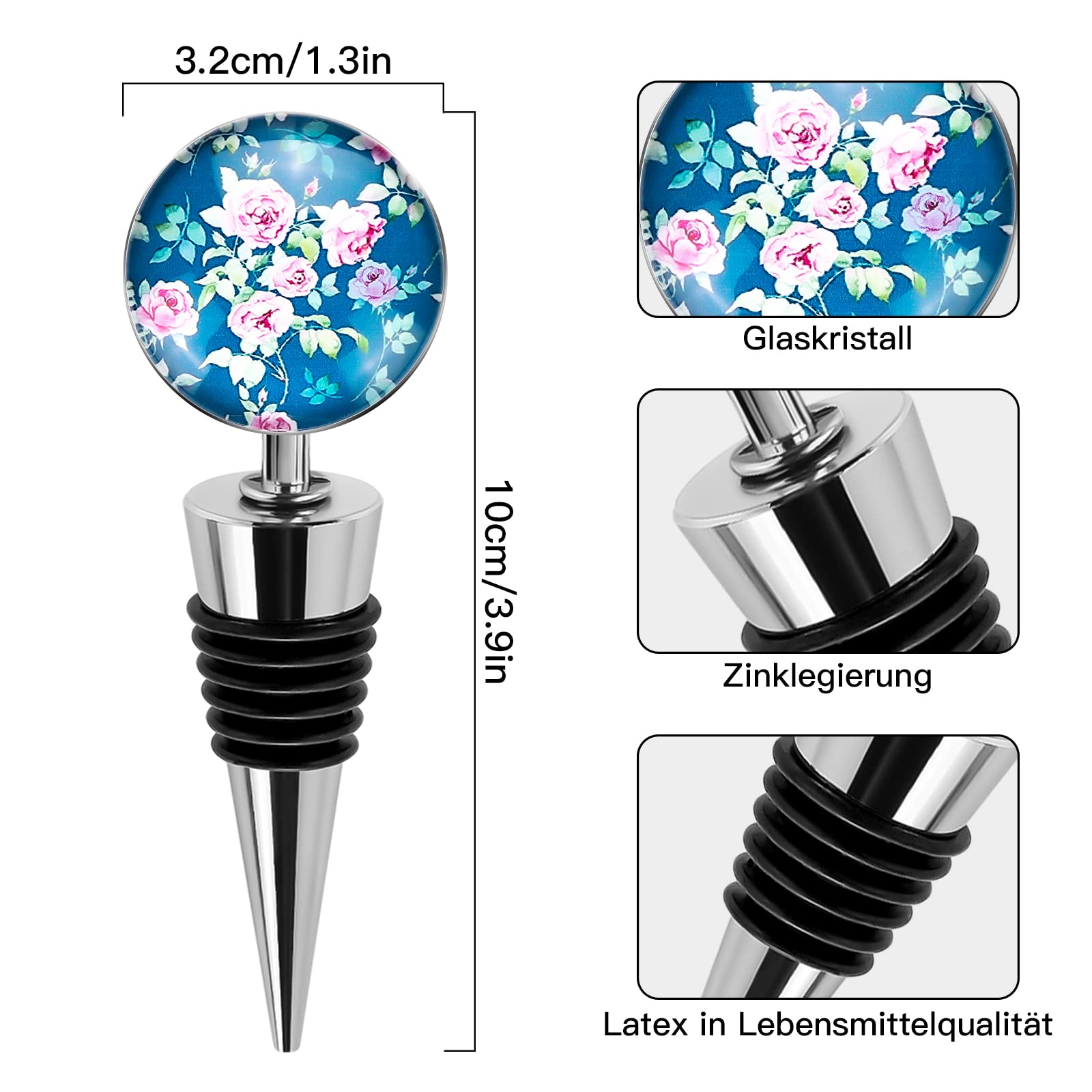 Ohok Wine Stoppers for Bottles,3 Pcs Stainless Steel Wine Stoppers with Decorative Glass for Wine Collection Red Wine Champagne Beer Saver Sealer (Flowers B)