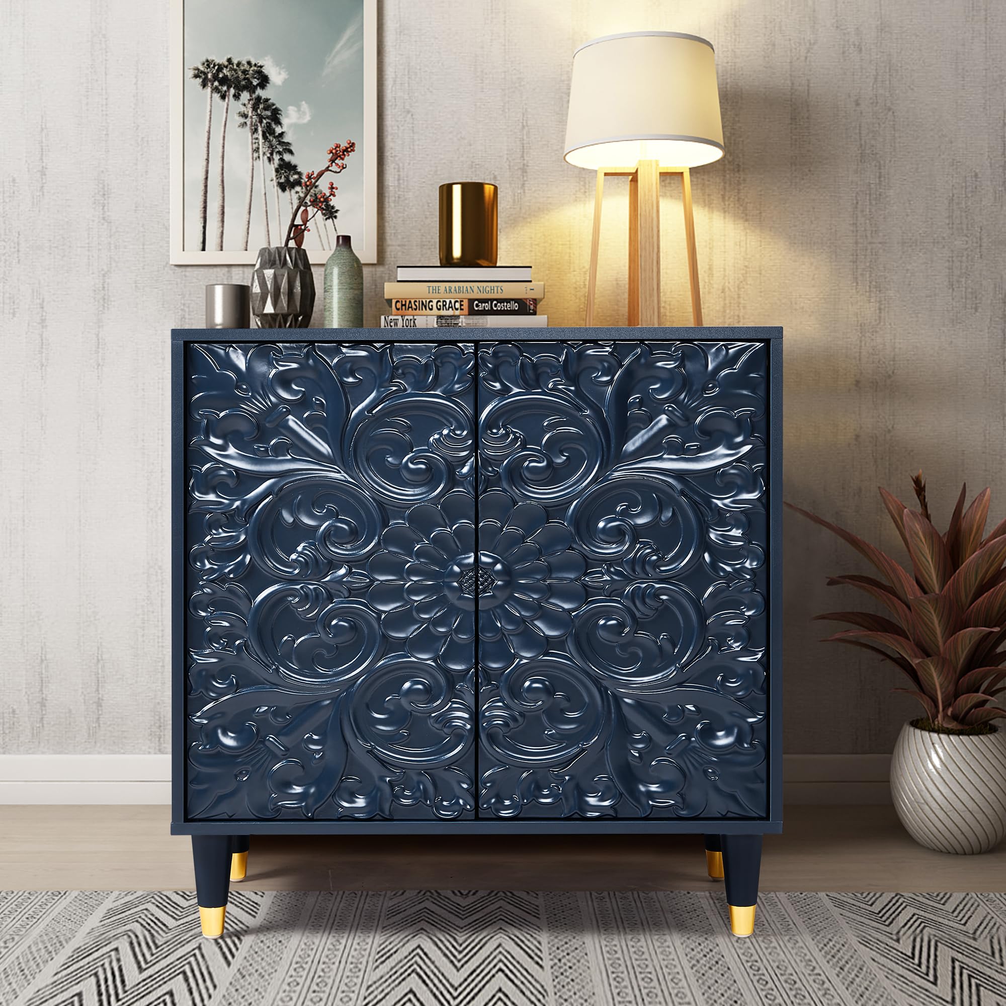 weselon Accent Cabinet with 2 Doors, Luxury Carving Board Storage Sideboard with Adjustable Shelves, Buffet Cabinet Entryway Table for Living Room (Gray Blue)