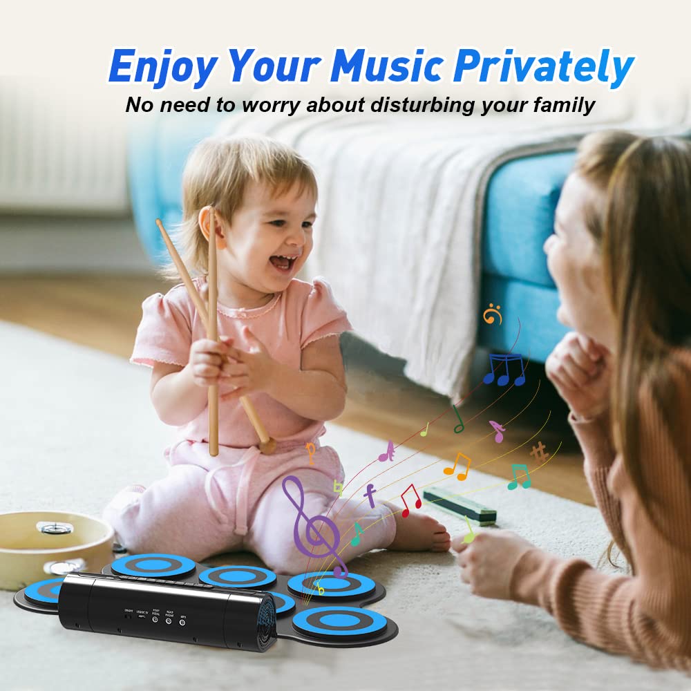 KONIX Electronic Drum Pad for Kids - 7 Pads Roll Up Electric Drum Kit Rechargeable - Digital Drum Sets with Headphone Jack, Speaker, Pedals, Demo Songs, MP3 USB Port, Sticks - Blue
