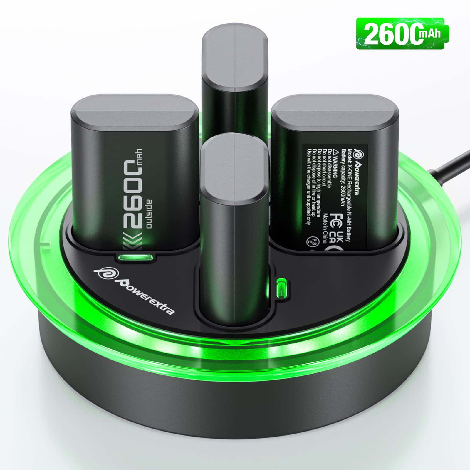 Powerextra Fast Charger Battery Pack for Xbox Controller, 4x2600mAh Rechargeable Batteries for Xbox Series X/S/One X/S/Elite Controllers, Charger Station for Xbox One Battery Pack