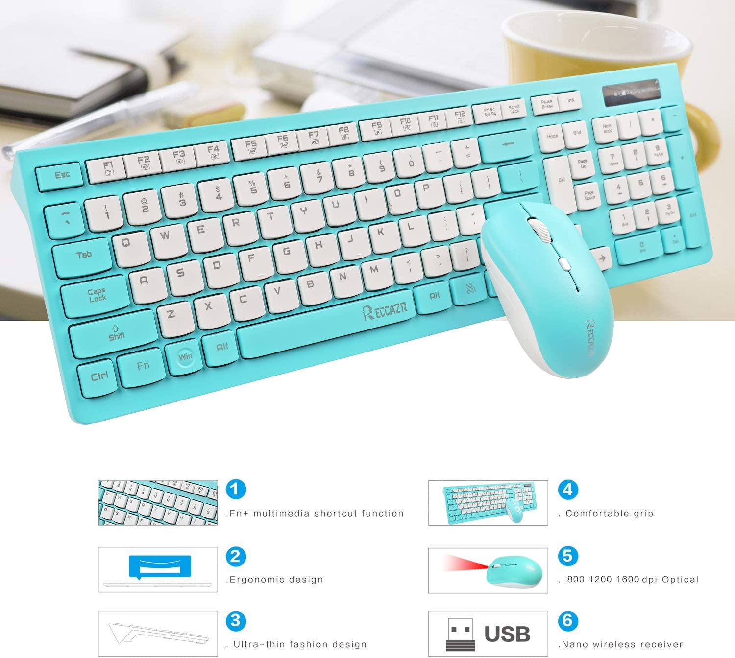 RECCAZR Wireless Keyboard and Mouse Combo, Full-Sized Wireless Keyboard and Adjustable DPI Mouse, 2.4GHz USB Receiver, Wireless Keyboard and Mouse for PC, Windows, Desktop, Laptop (Blue)