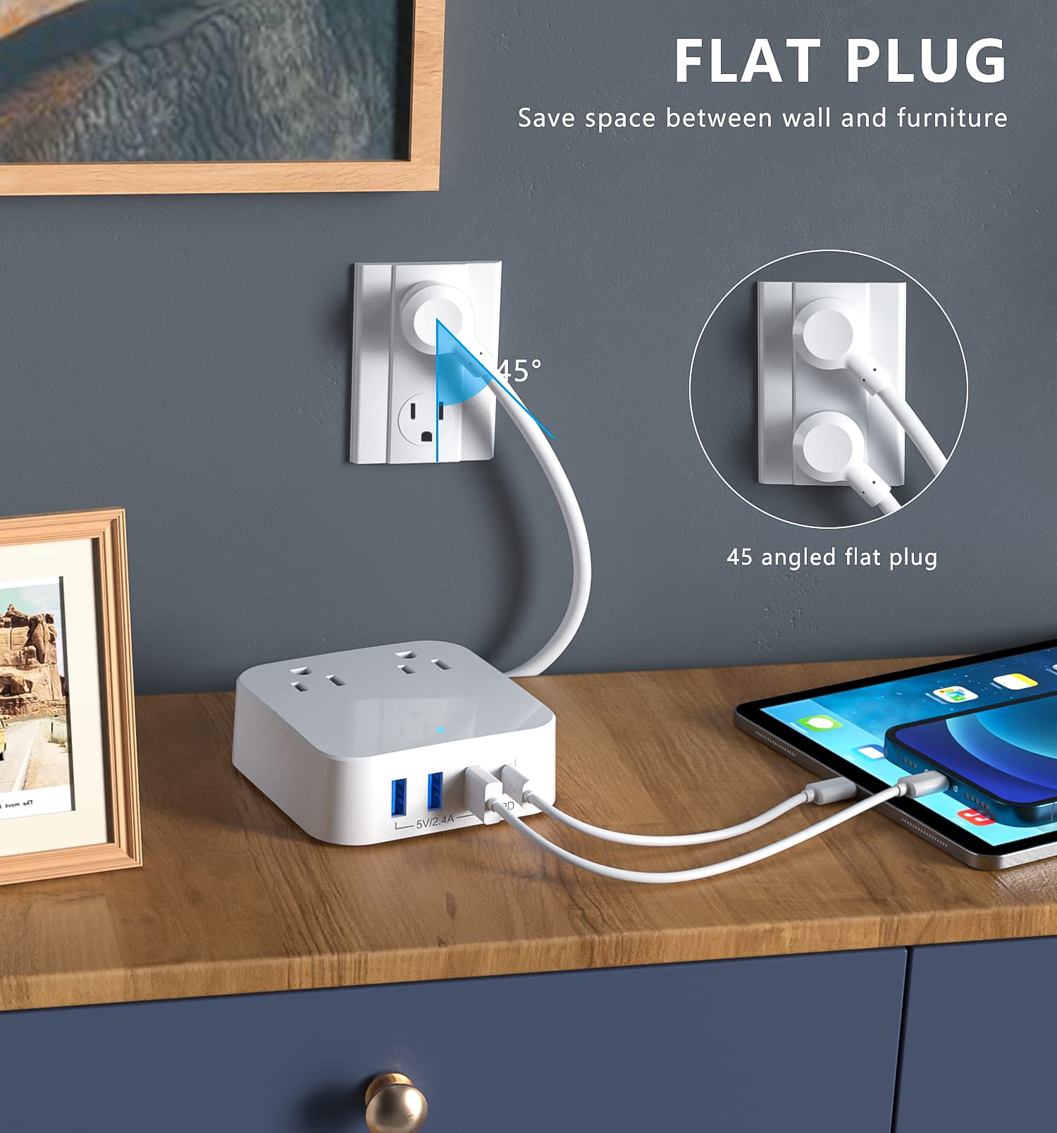Power Strip with USB C Ports Fast Charge 3A PD 20W 2 AC Outlets and 4 USB Ports USB-C Power Strip with 5FT Extension Cord for Desktop Travel Home Office Hotel Dorm (White)