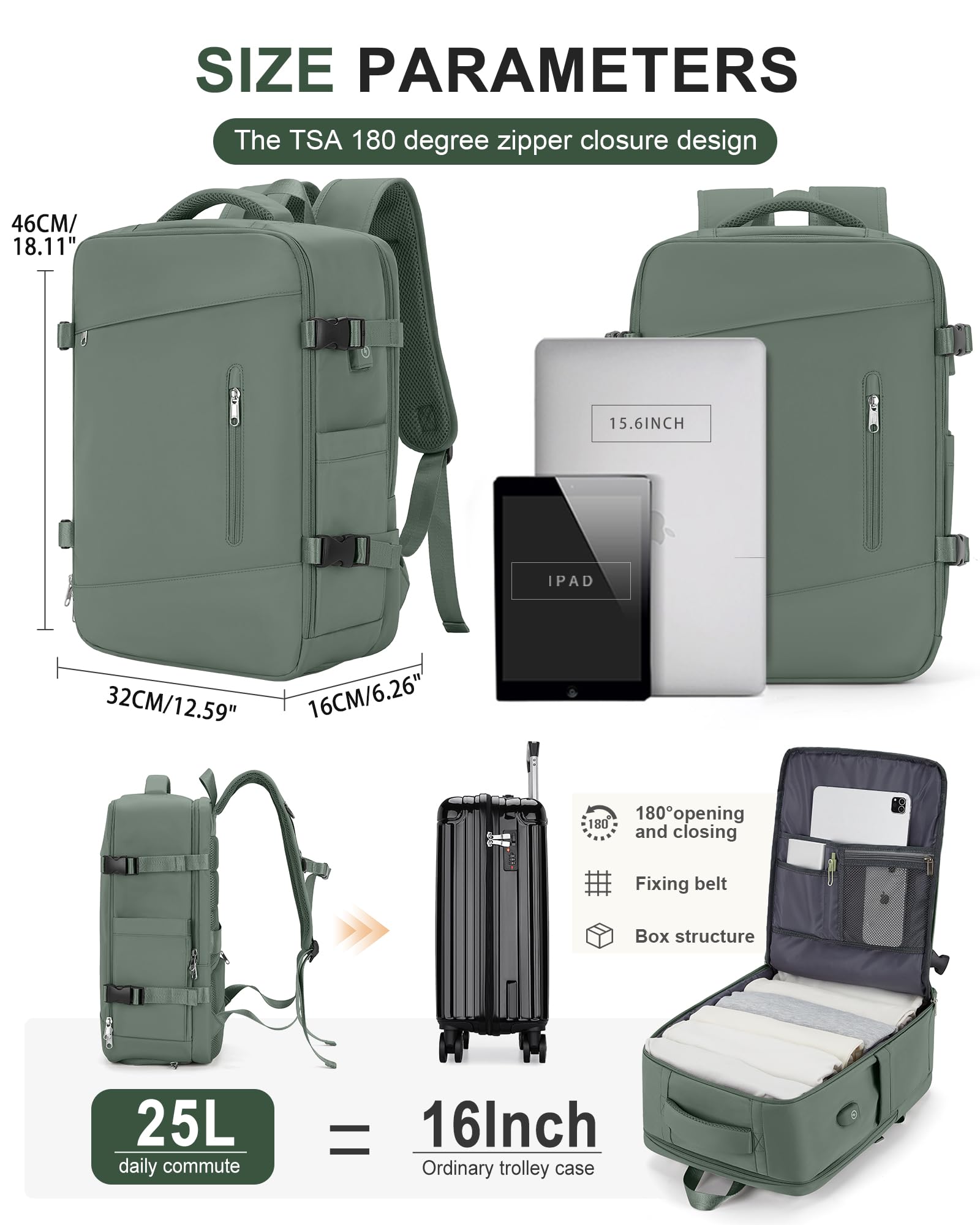 Large Travel Backpack for Women Carry On Airline Flight Approved Expandable Work Personal Item size Backpack Bag with Laptop compartment for College Men Waterproof Hiking Mochila de Viaje Black