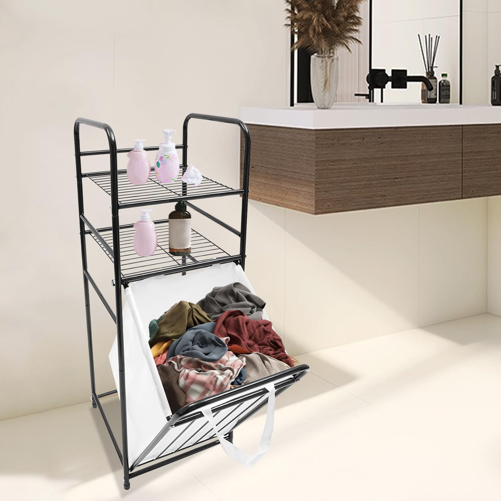 Tilt Out Laundry Basket, Laundry Hamper Cabinet with Removable Liner Bag & Storage Shelf for Bedrooms, Bathrooms, Apartments, 14.56 * 13.77 * 39.37in