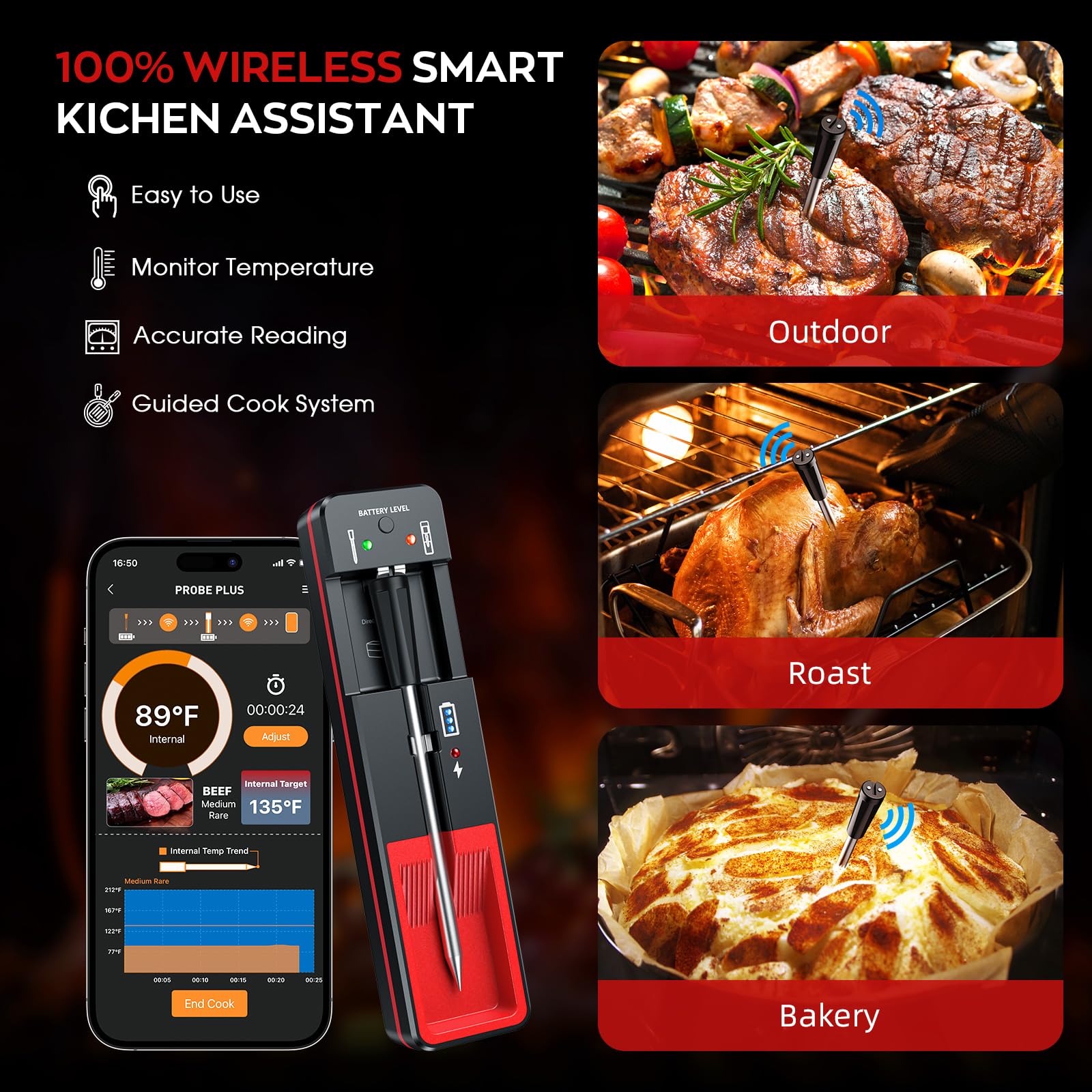 Meat Thermometer Digital, Wireless Meat Thermometer, with Bluetooth 360 ft Smart Meat Thermometer for Oven Safe,for BBQ, Grill, Kitchen, Smoker, Sous Vide, iOS & Android App Compatible
