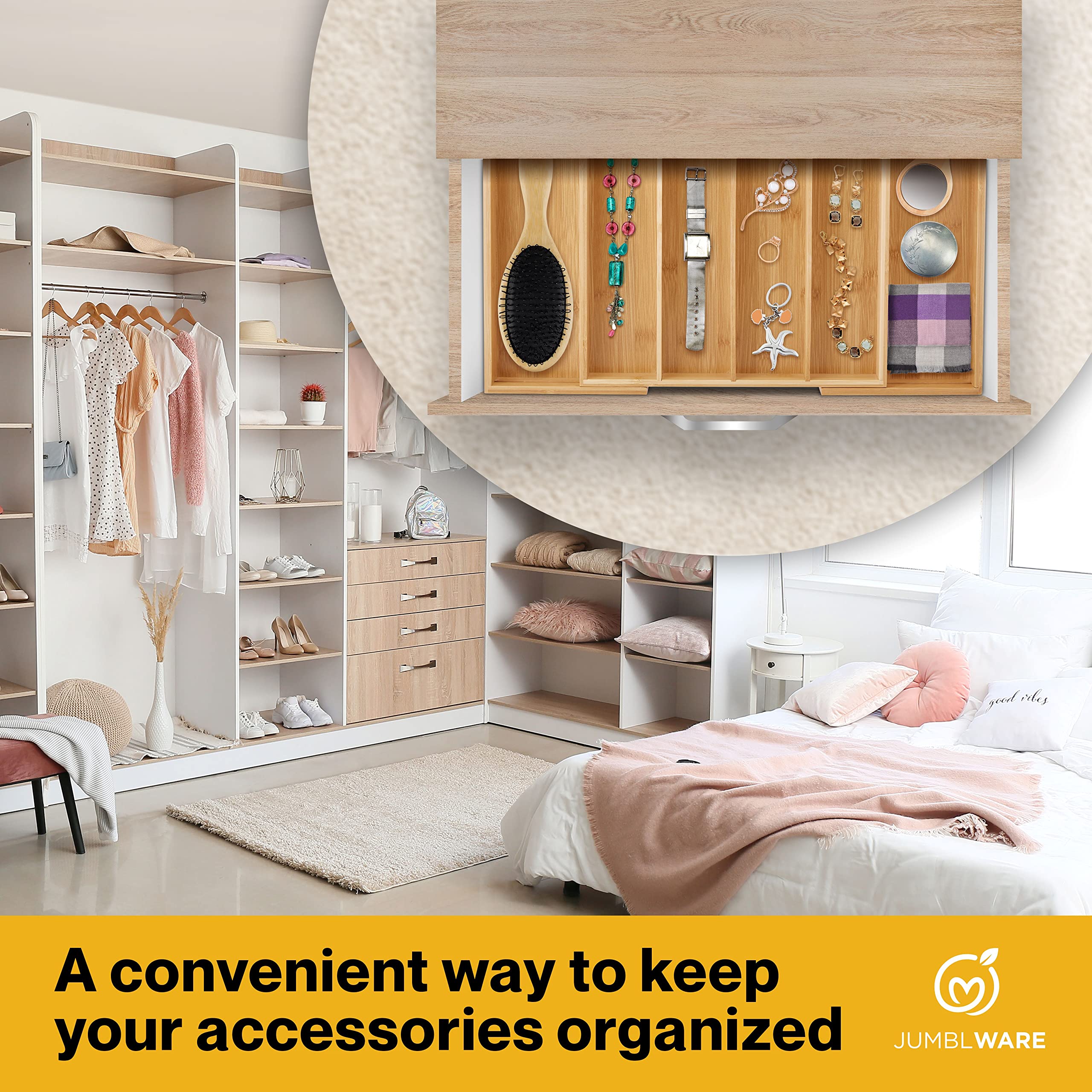 JumblWare Bamboo Expandable Drawer Organizer. Wooden Storage Tray with Dividers for Silverware, Kitchen Utensils, Spices, K Cups, Small Clothes & Makeup. Adjustable Sliding Design from 13β to 19.6β