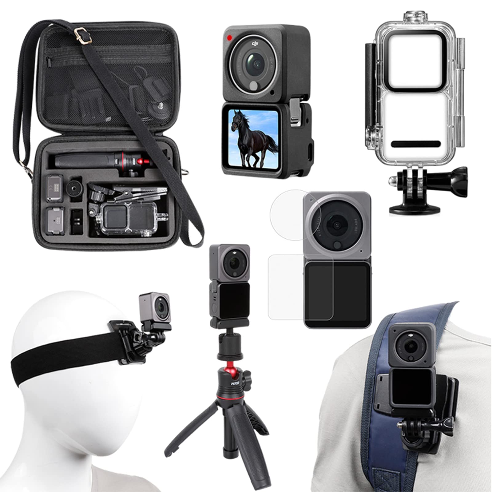 PellKing Accessories Kit for DJI Action 2,Including Hard Shell Carrying Case with Shoulder Belt,Tripod,360 Degree Rotation Backpack Clip,Head Strap,Screen Protector,Waterproof Shell,Silicone Sleeve