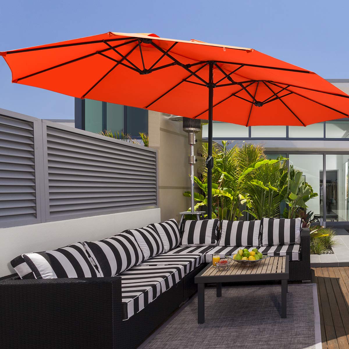 Tangkula 15 Ft Patio Double Sided Umbrella with Base, Extra Large Market Outdoor Twin Table Umbrella with Crank Handle