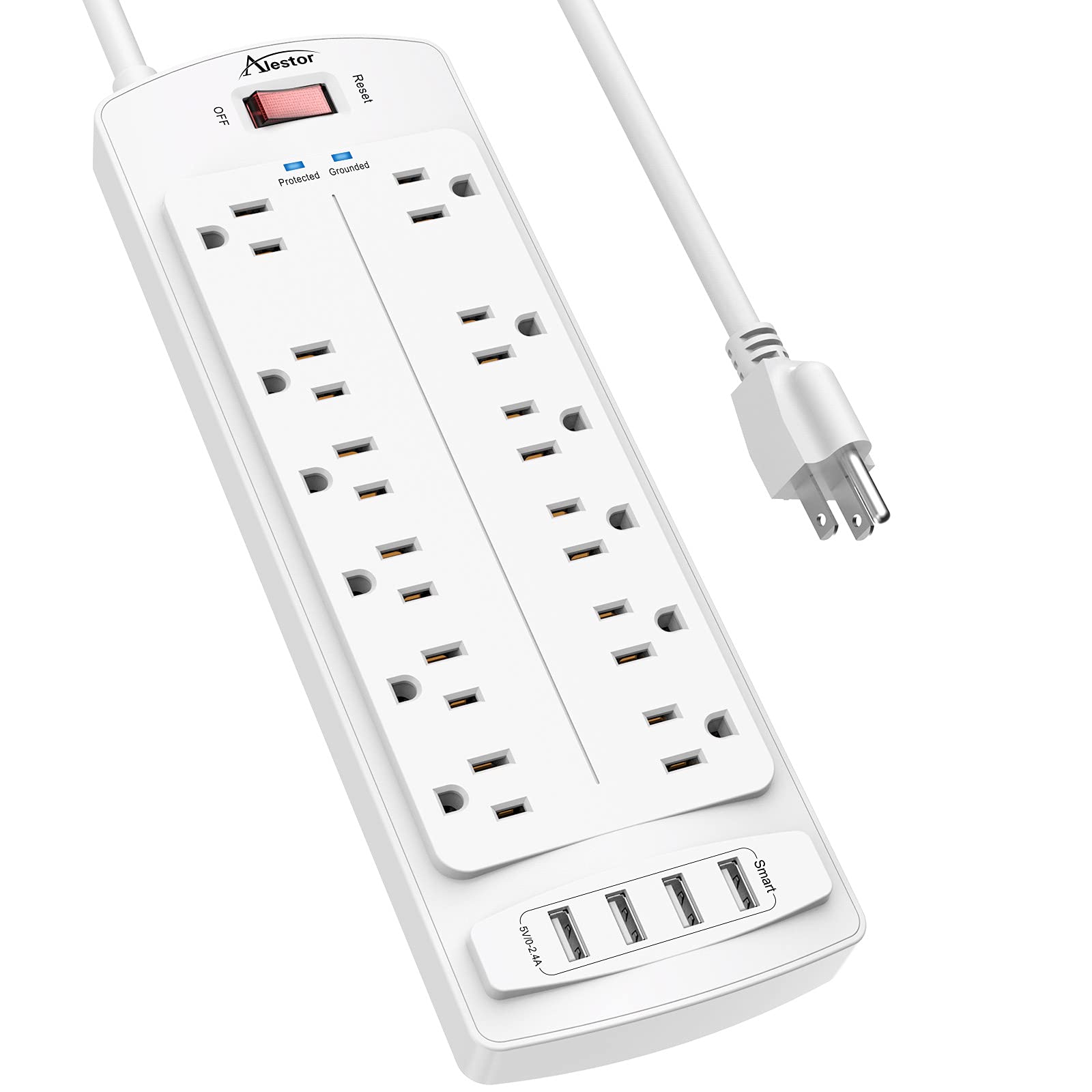 Power Strip,ALESTOR Surge Protector with 12 Outlets and 4 USB Ports, 6 Feet Extension Cord (1875W/15A) for for Home, Office, Dorm Essentials, 2700 Joules, ETL Listed (White)…
