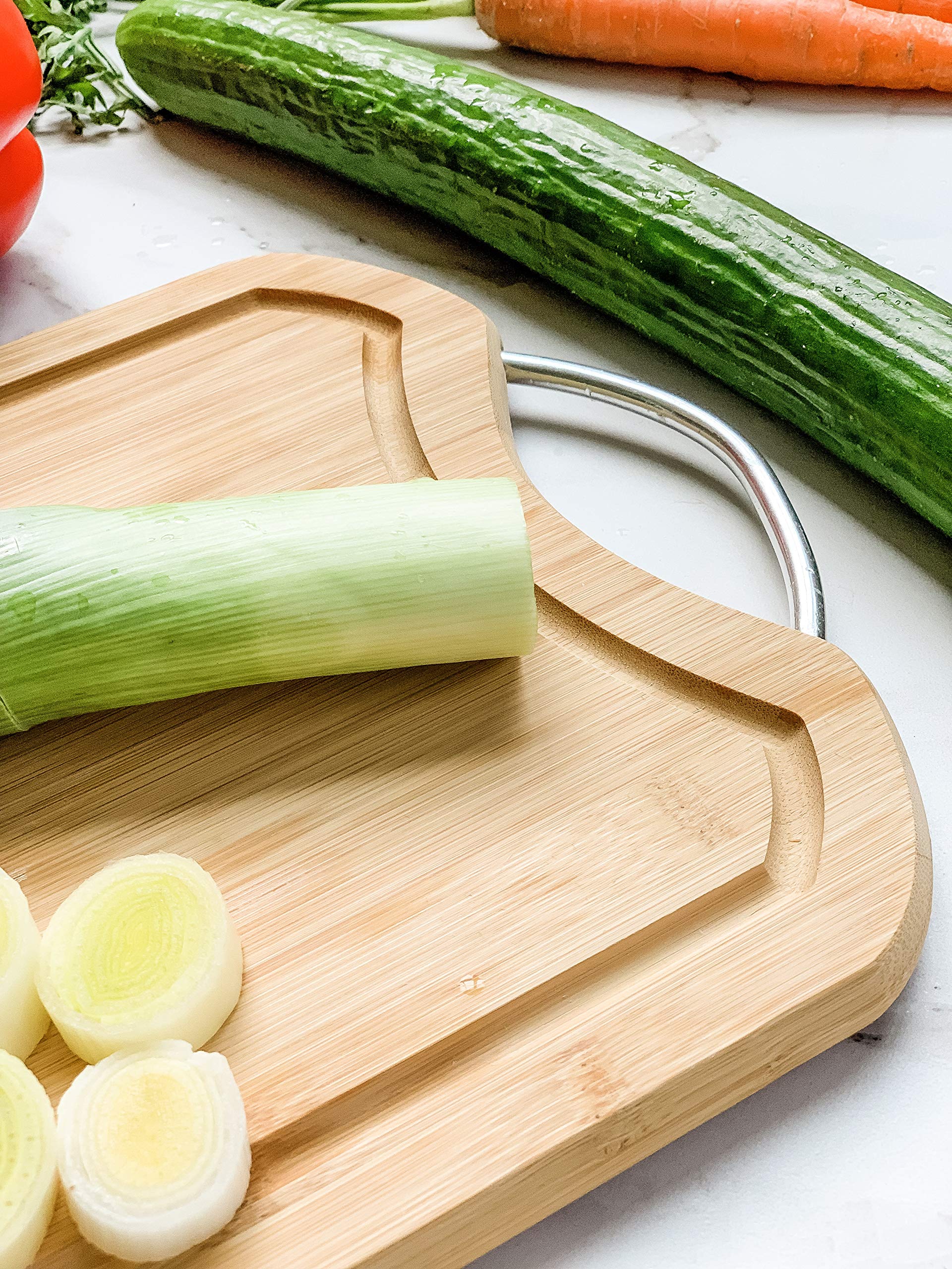 Organic Bamboo Cutting Board with Juice Groove- Best Kitchen Chopping Board for Meat (Butcher Block) Cheese and Vegetables | Anti Microbial Heavy Duty Serving Tray w/Stainless Steel Handles