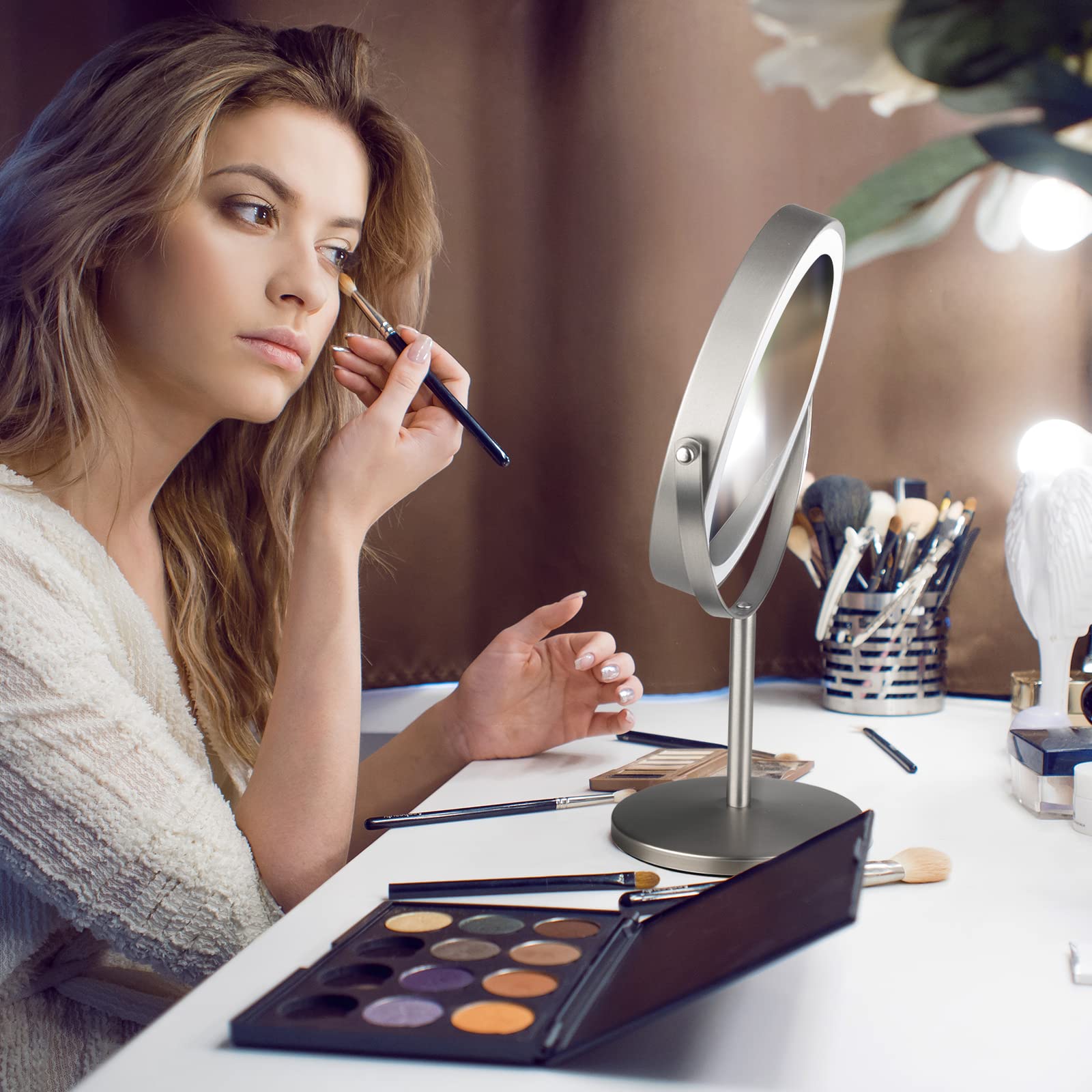 Rechargeable 8 inch Desktop Vanity Mirror with Light,3 Colors 1X/10X Table Lighted Makeup Mirror with 360° Rotation Touch Screen,LED Dimmable Desk Lit Cosmetic magnifying Mirror Brushed Nickel