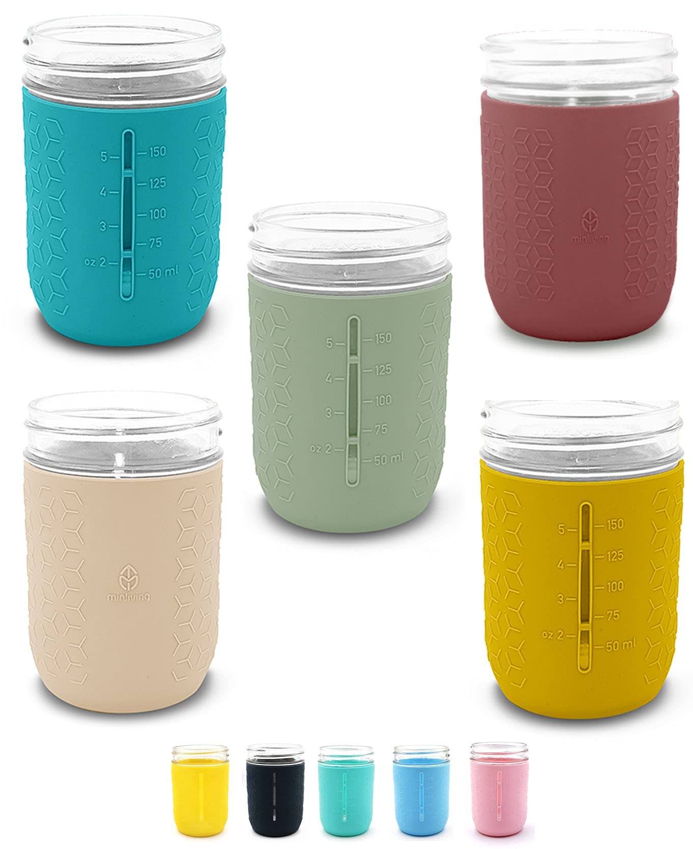 minliving Silicone Mason Jar Sleeve, Kids Cup Holder 5 Pack Value Combo Anti-slip protection - Fits 8oz REGULAR mouth Jelly Canning, Ball and Kerr Jars (Gender Neutral Combo)