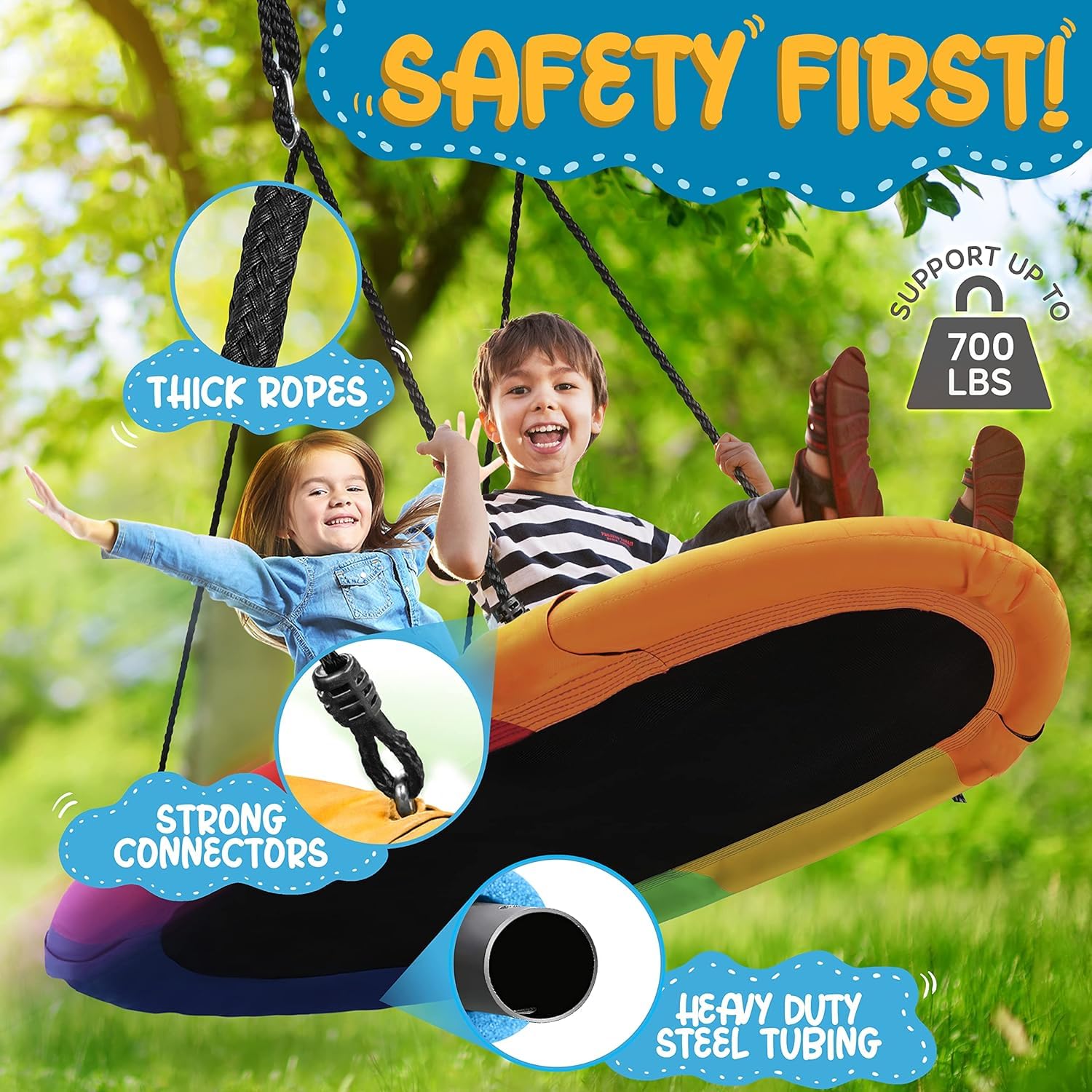 SereneLife 67" Giant Platform Tree Swing with Hang Kit, Outdoor Swing Set for Kids and Adults with 700 lbs Weight Capacity, Cushion Padded Metal Frame, Heavy-Duty Swing Ropes, Rainbow