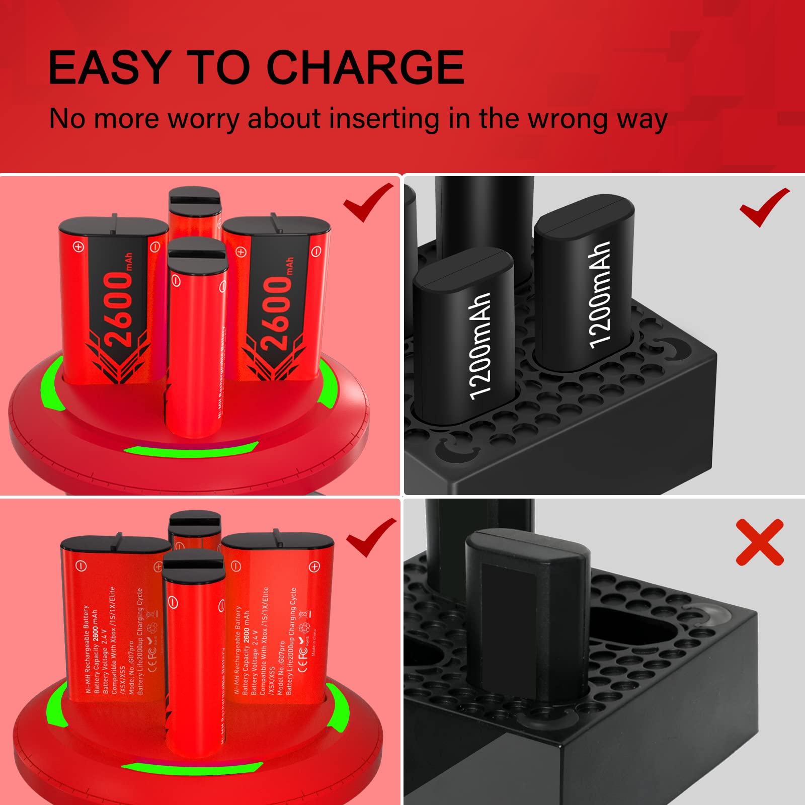 Rechargeable Battery Pack for Xbox One Controller ,4x2600mAh Xbox One Controller Battery Pack ,High Capacity Rechargeable Batteries with Charging Dock for Xbox One S/X ,Xbox Series S/X Controller