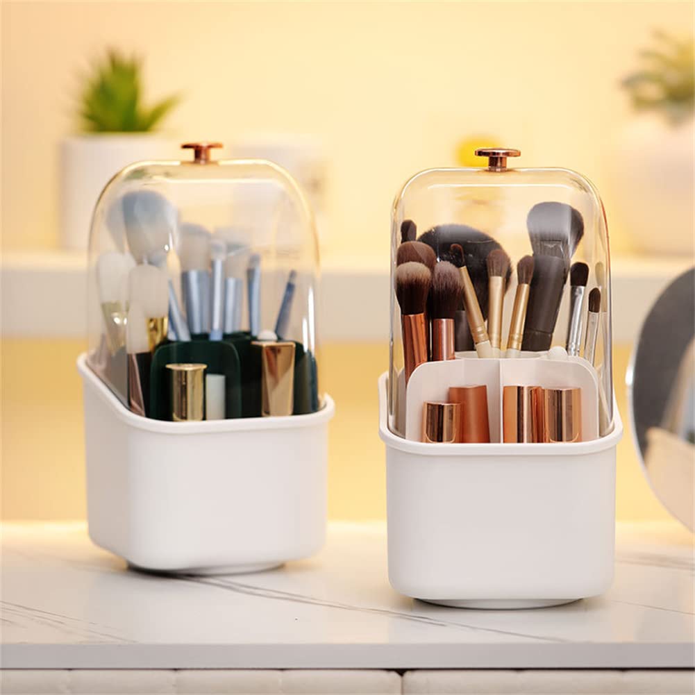 Srutirbo Makeup Brush Holder 360 Degree Rotating Brush Organizer with Clear Lid, Brush Storage Box Dust Proof Makeup Organizer for Bathroom, Vanity, Makeup Container (Square White)