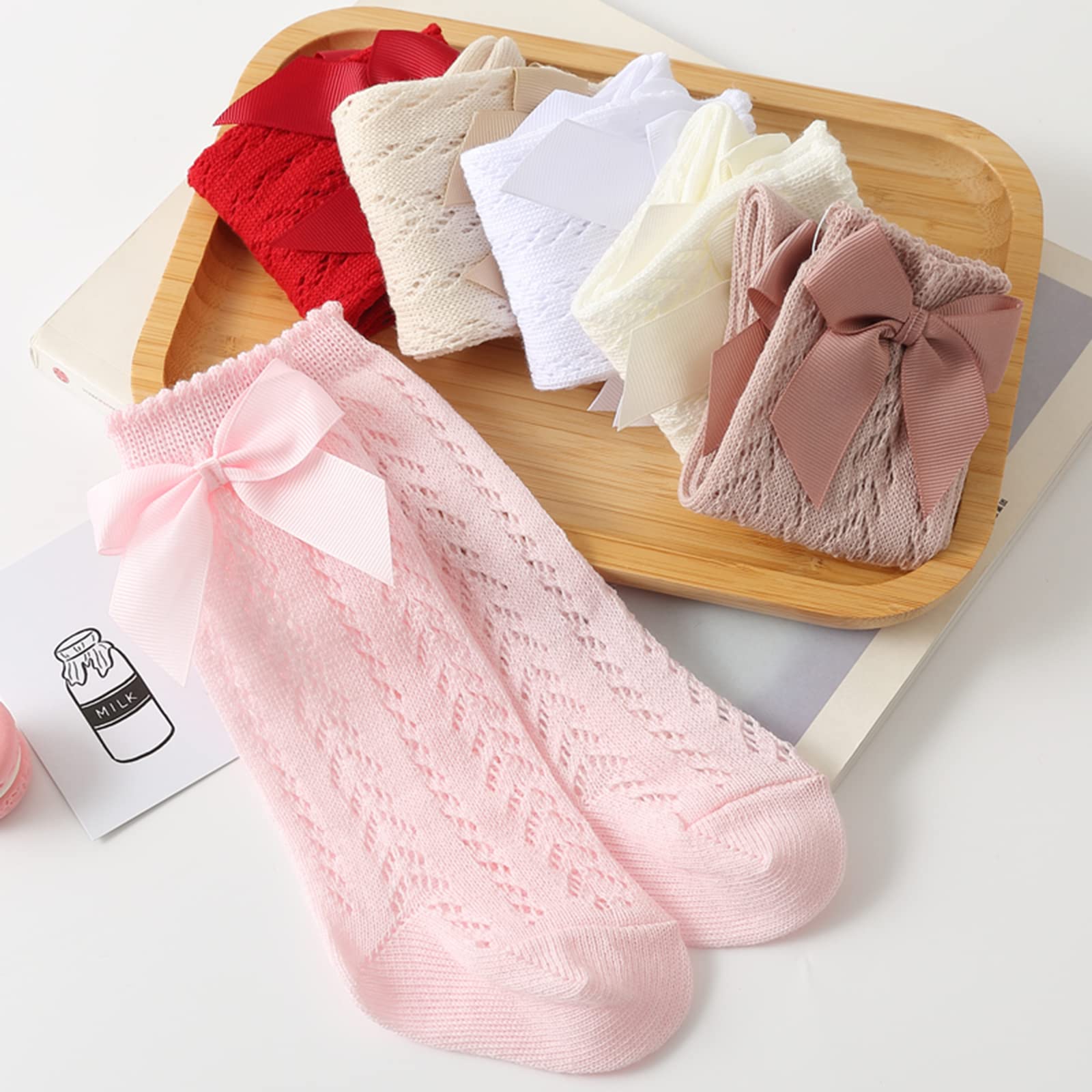 Taous Assam Baby Girls Knee High Socks Toddler Bow Mesh Long Stockings Infants Thin Socks For Spring Summer 5-Pack Mesh Size 0-12 Months