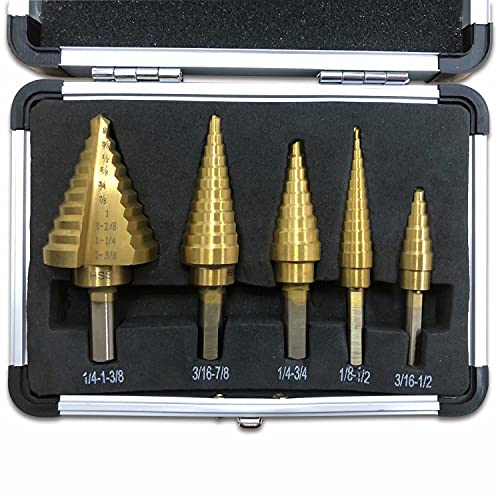 Reeson Step Drill Bits 5pcs 50 Sizes Unibit High Speed Steel Titanium Coated Double Cutting Blades for Sheet Metal Hole Drilling Cutting with Automatic Center Punch