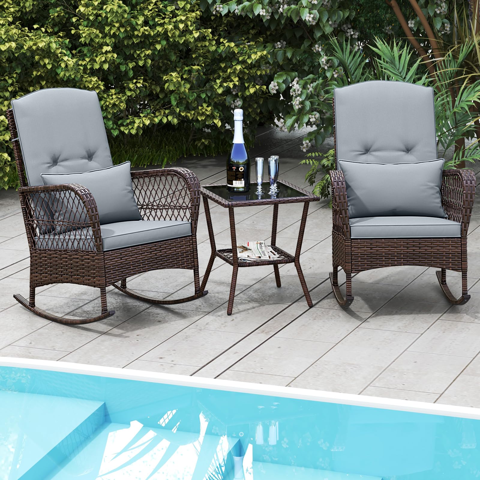 Tangkula 3 Piece Patio Rocker Set, Patiojoy Outdoor Wicker Rocking Chairs w/Double-Layer Coffee Table, Rattan Rocker Chair Set w/Seat Back Cushions & Pillows, for Porch, Backyard, Poolside (Grey)