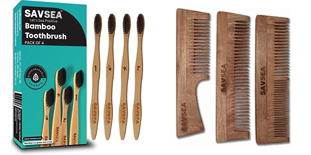 SAVSEA Bamboo Charcoal Soft bristles Toothbrush (8 Count) & Neem Wooden Comb for Men & Women Pack of 3 Combo