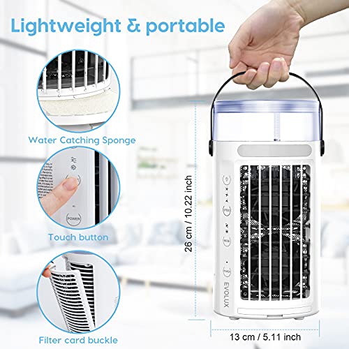 Small Portable Air Conditioners for Car, 400 ML Mini Personal Portable Water Air Cooler with 7 Color LED Light, White AC Fans that Blow Cold Air Rechargeable