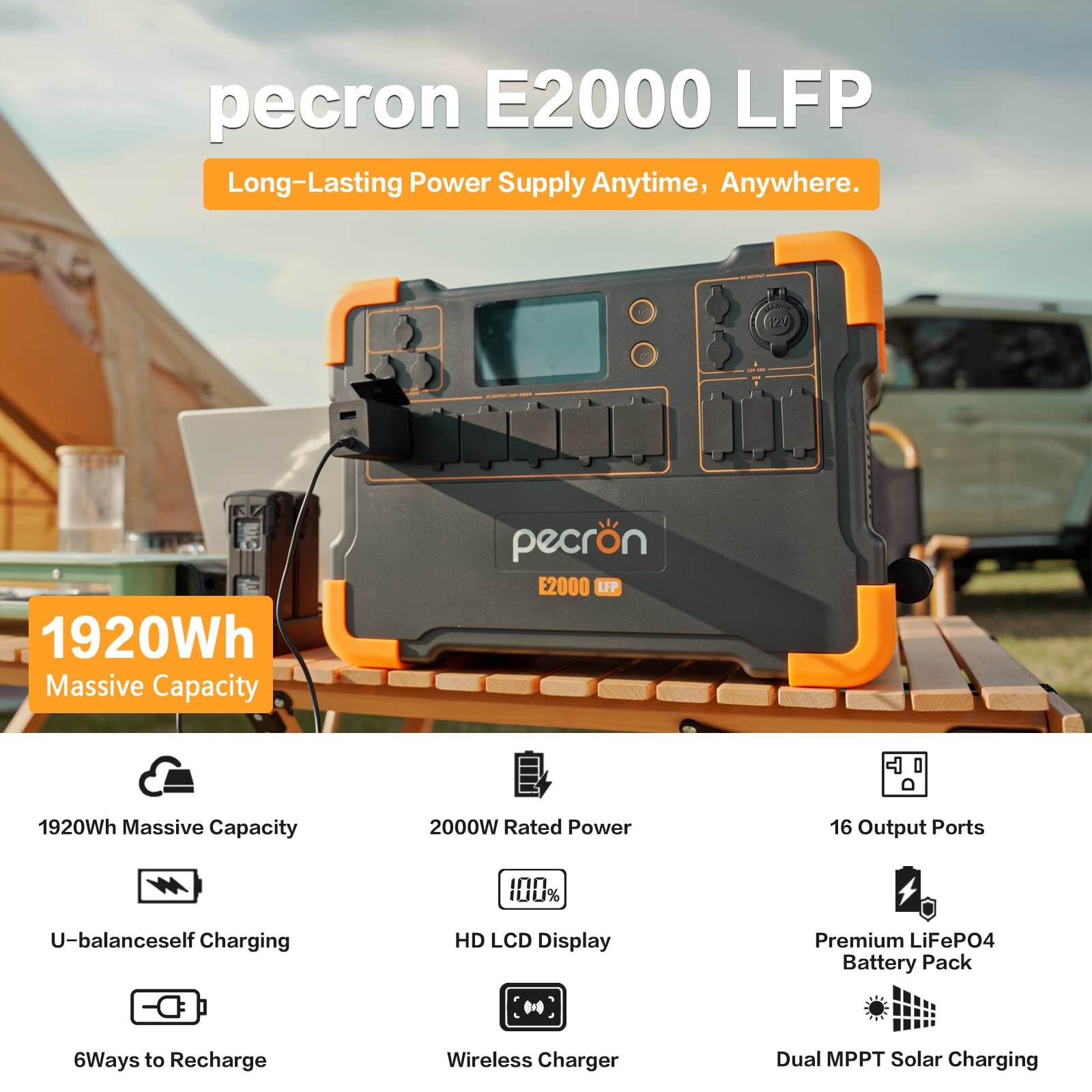 pecron Solar Generator E2000LFP,E2000LFP Portable power station with 2X 200W Solar Panels with 6X110V/2000W AC Outlets,LiFePO4 Battery Backup for Outdoors Camping Emergency