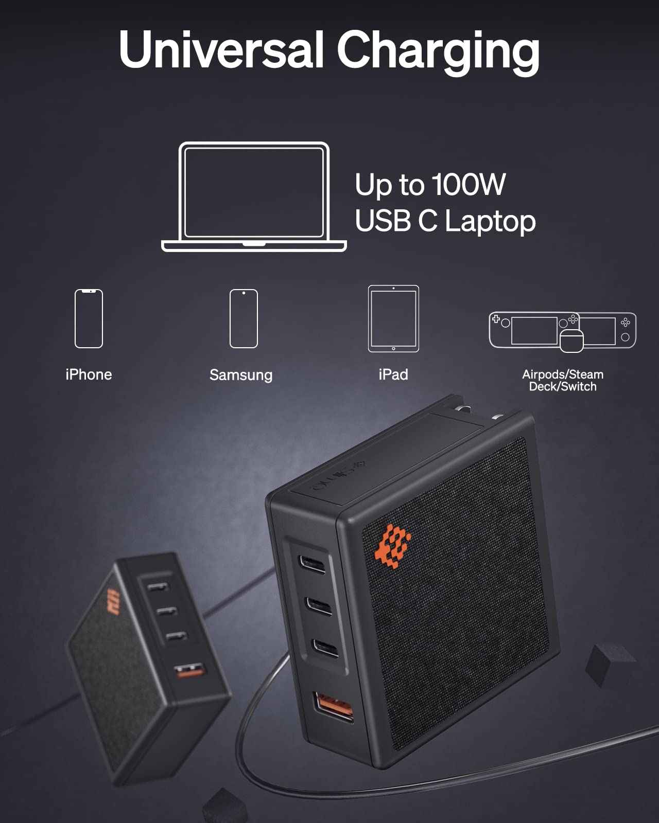 ๐๐ฅ๐ข๐ฆ๐ GAN USB C Charger: 100W,96W,87W,85W,67W AC Adapter - 4 Port Fast Compact PD Wall Block - Travel Adapter for MacBook,Surface,Lenovo(+International Adapters + Extension Cord)