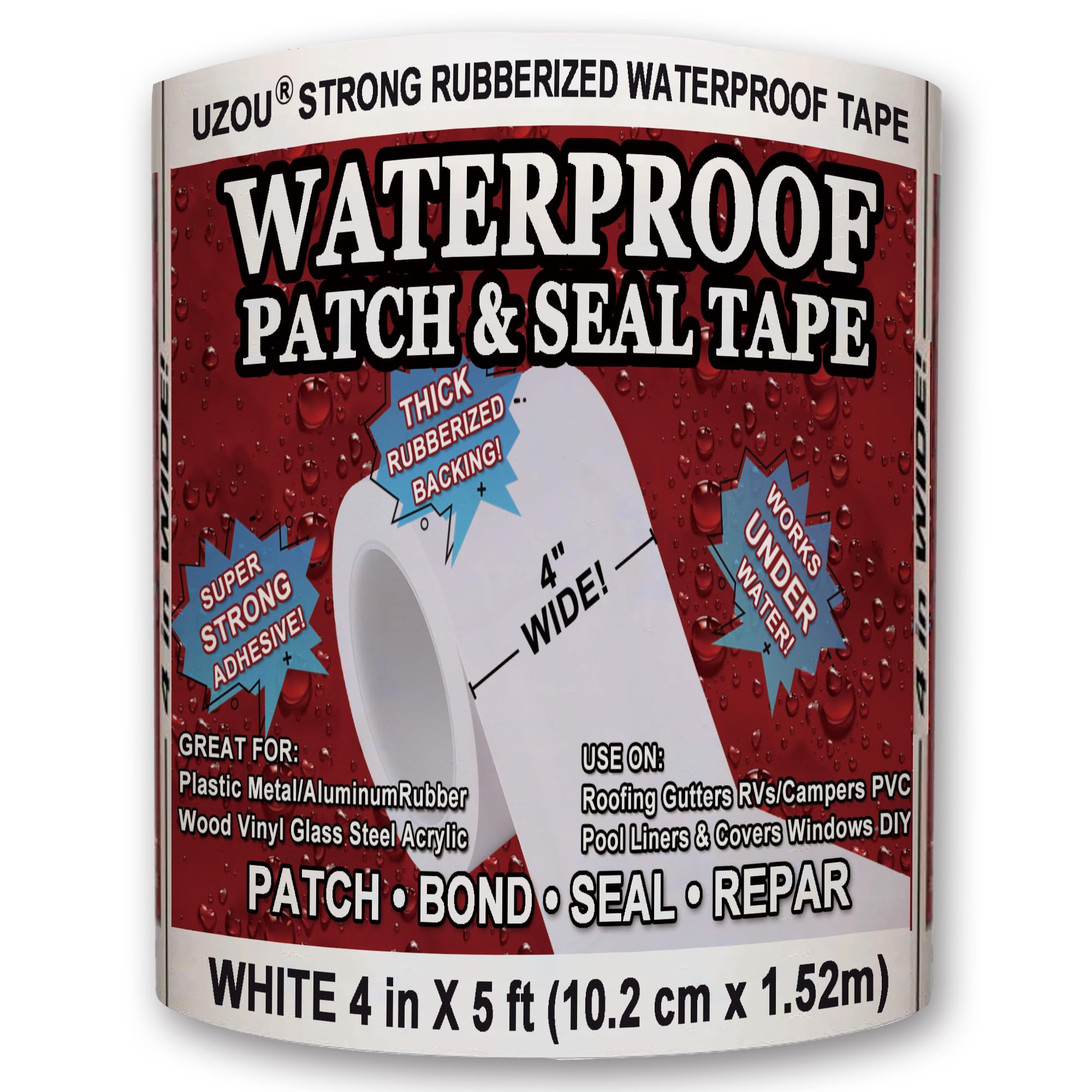 UZOU Flexible Tape, 4 in x 5 ft, Black,Thick Heavy Duty Rubberized Waterproof Tape - Seal and Patch Leaks, Works Underwater, Indoor Outdoor Projects - Home RV Roof Plumbing and Pool Repairs,White