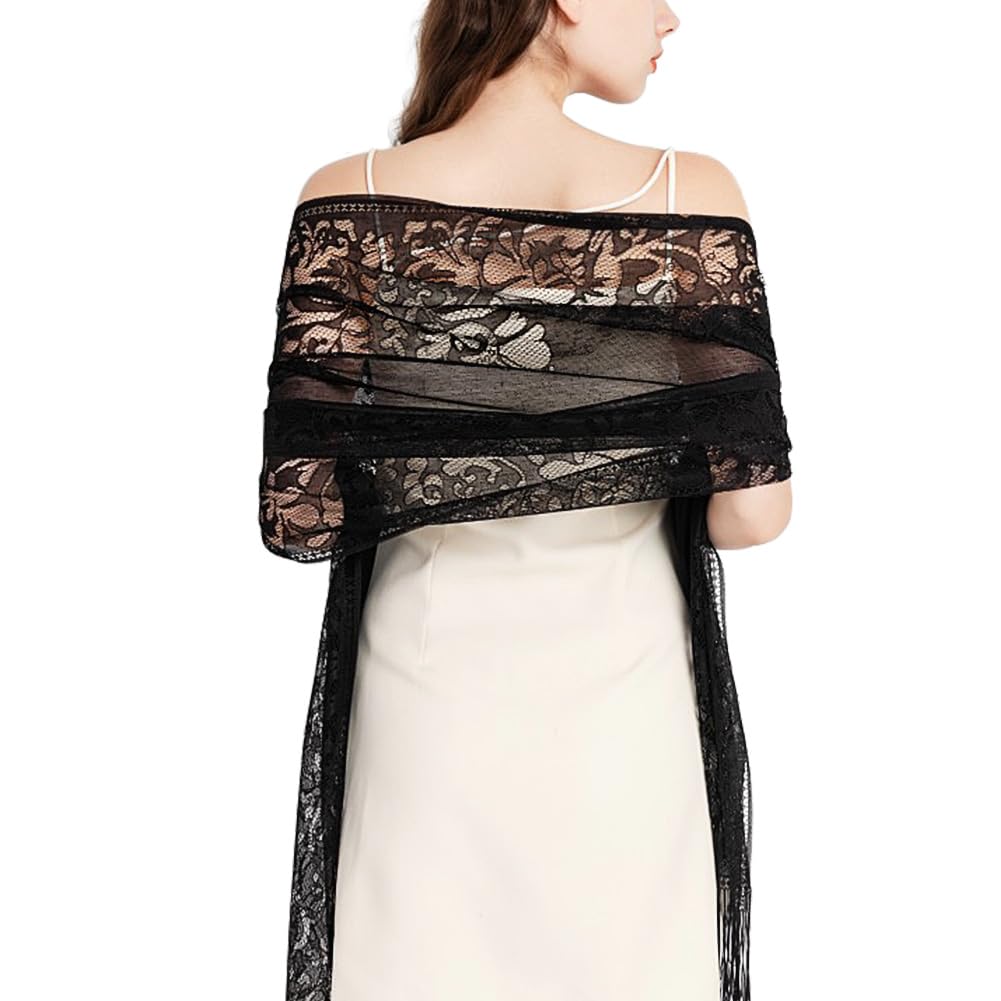 Ladiery Women's Floral Lace Scarf Shawl with Tassels, Soft Mesh Fringe Wraps for Wedding Evening Party Dresses