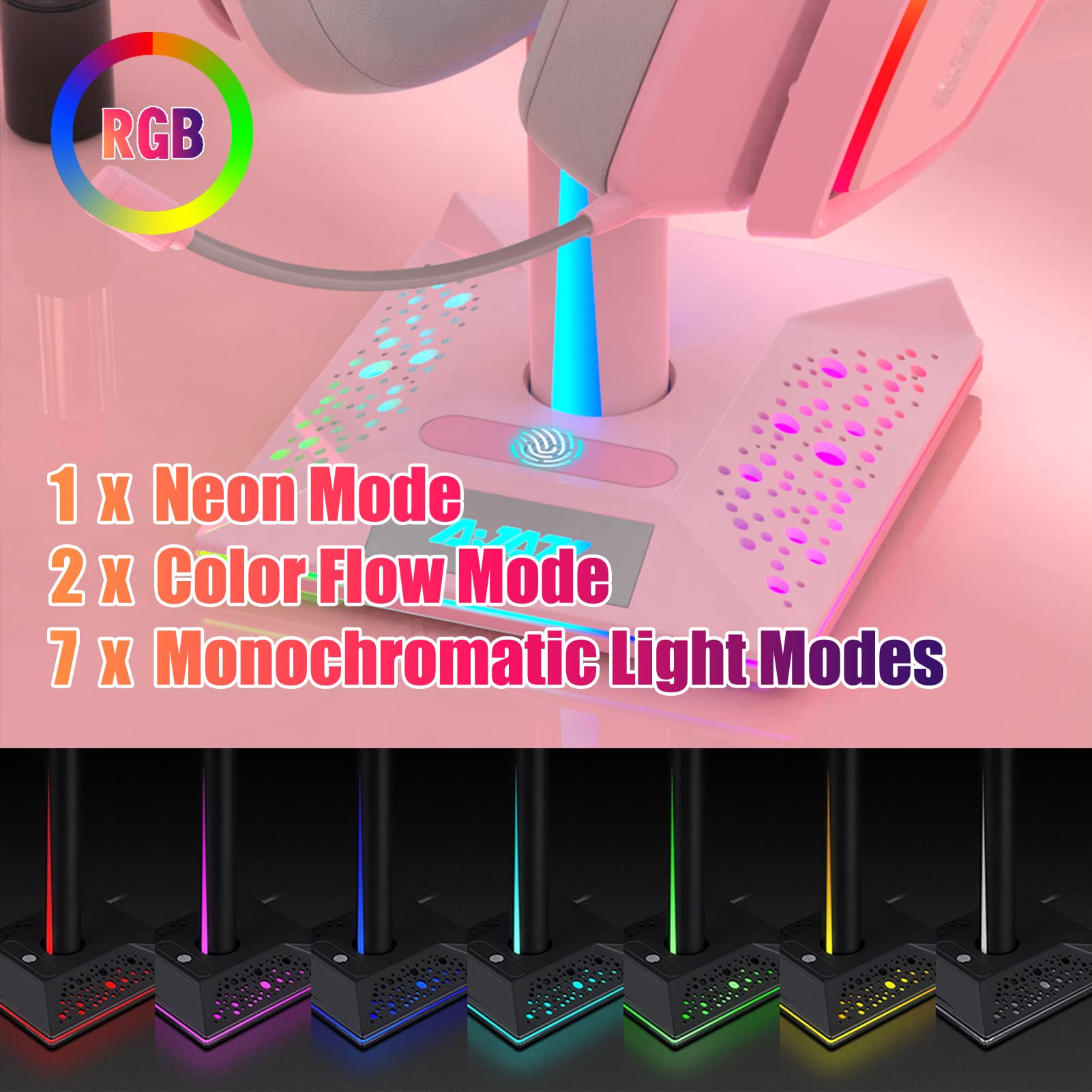Lomiluskr EB01 RGB Headphone Stand with 2 USB Ports and 3.5mm AUX, 14 RGB Lighting Effects, Desk Gaming Headset Holder Hanger Rack (Pink)