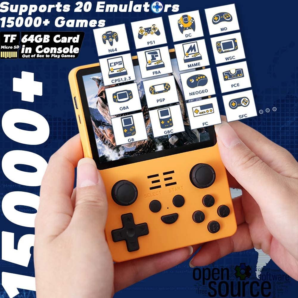Powkiddy RGB20S Handheld Retro Game Console with Built-in Games,3.5 Inch IPS Screen Game Player (128G 20000 Games Yellow)