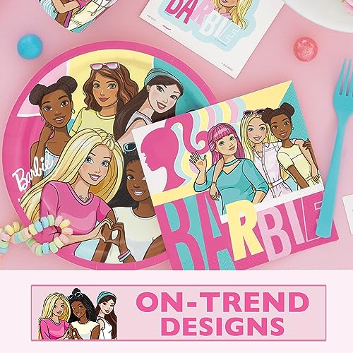 Unique Barbie Party Decorations | Serves 16 Guests | Officially Licensed | Barbie Birthday Decorations | Barbie Birthday Party Supplies | Barbie Tablecover, Plates, Napkins, Button