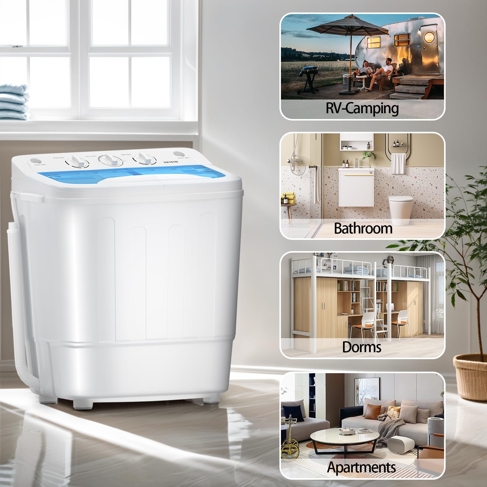 Sportpulse 18lbs Compact Mini Twin Tub Washing Machine with Drying Rack, 11lbs Portable Laundry Washer and 7lbs Spinner, Convenient and Efficient for Dorms, Apartment