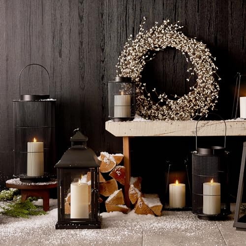 Outdoor Candle Lantern, Solar Powered - 15 Inch Tall, Black Metal, Open Frame (No Glass), Dusk to Dawn Timer, Decorative Large LED Lantern Lights for Front Porch, Garden or Patio Decor