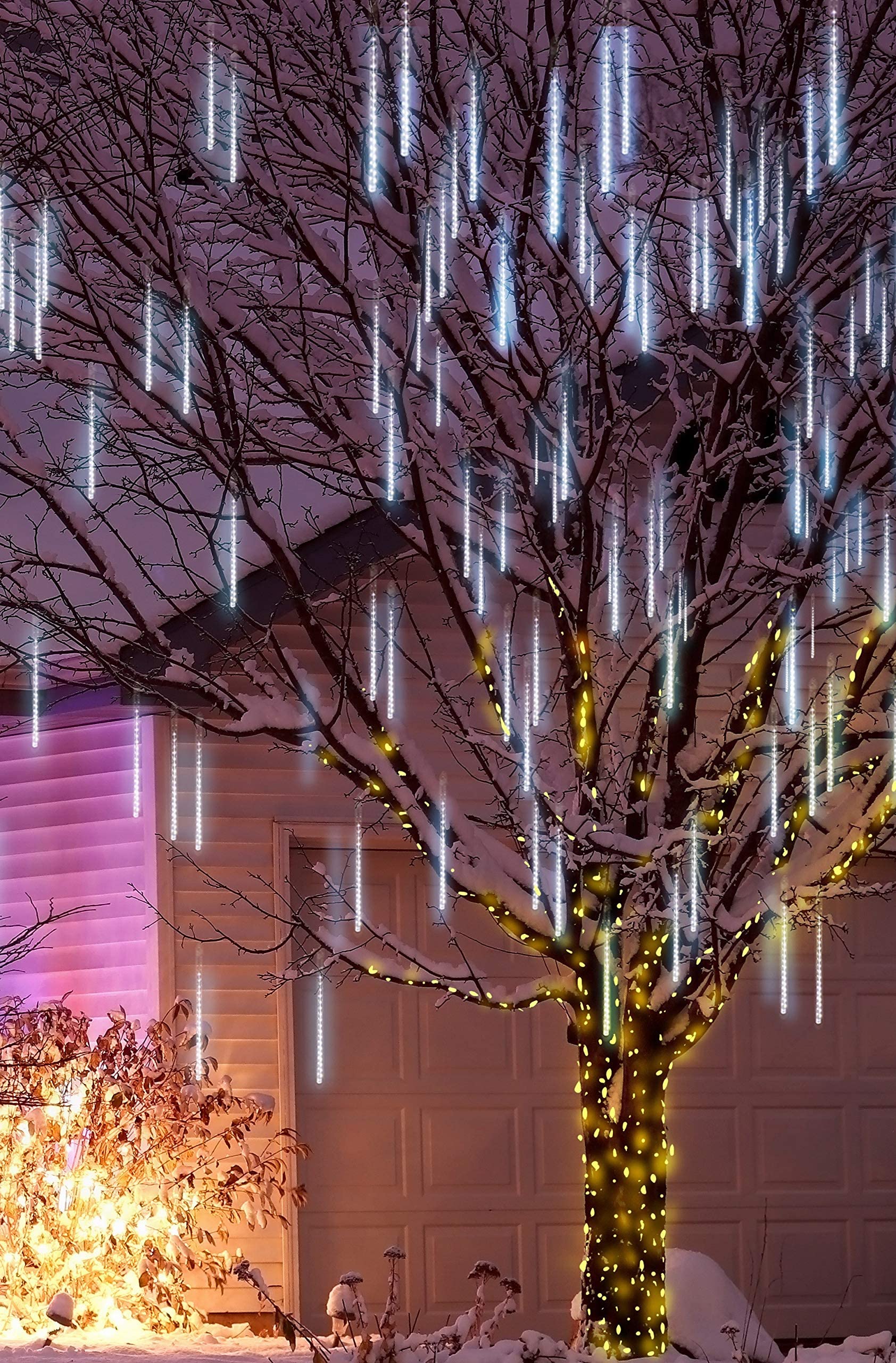 Joiedomi 2-Pack Christmas Meteor Shower Lights - Falling Rain Drop Icicle String Lights 2 x 8 Tubes 30cm 288 LEDs White, for Halloween Christmas Holiday Party Home Patio Outdoor Decoration