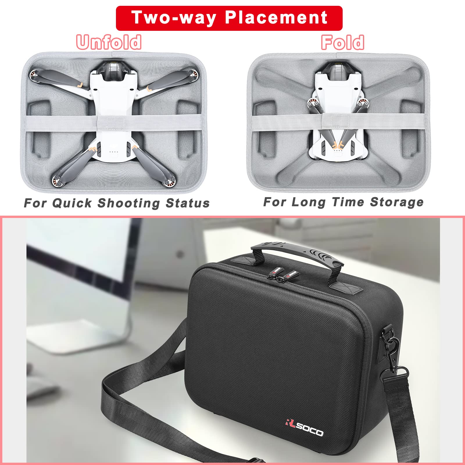 RLSOCO Carrying Case for DJI Mini 3 Pro - Fits Full Set of Accessories: DJI RC Controller or Stock Controller, Propellers, Batteries, Cables(Allows Arms Unfold and Fold)