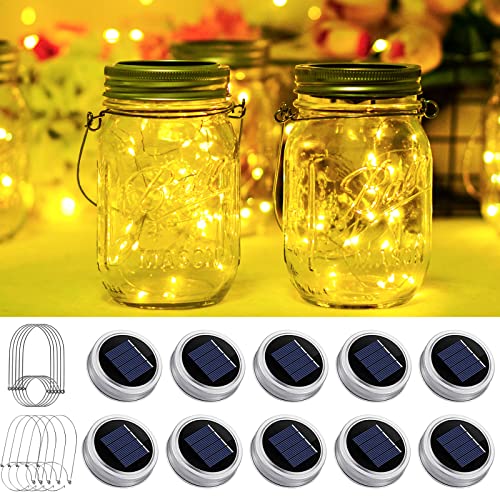Solar Mason Jar Light Lids 10 Pack 20 LED Fairy String Light Inserts for Jars with Hangers Starry Lighting Waterproof Rust Resist for Patio Lawn Garden Wedding Lantern Decor No Jars (Warm White)