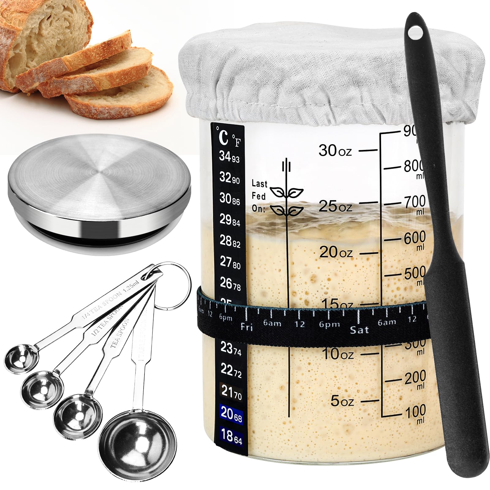 Sourdough Starter Jar 2PACK | Wide Mouth 35oz with Ounce&ML Scale line,Date Marked Feeding Band,Thermometer,Sourdough Jar Scraper,Cloth Cover & Stainless Steel Lid,Measuring Spoons,Complete Kit