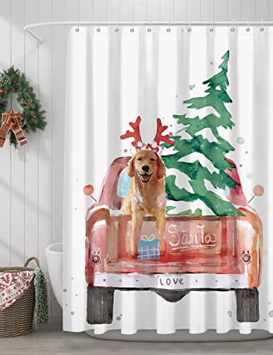 SUMGAR Christmas Shower Curtain for Bathroom Tree Holiday Fabric Cloth Winter Funny Dog Red Truck Shower Curtains Set with Hooks 72 x 72 inch