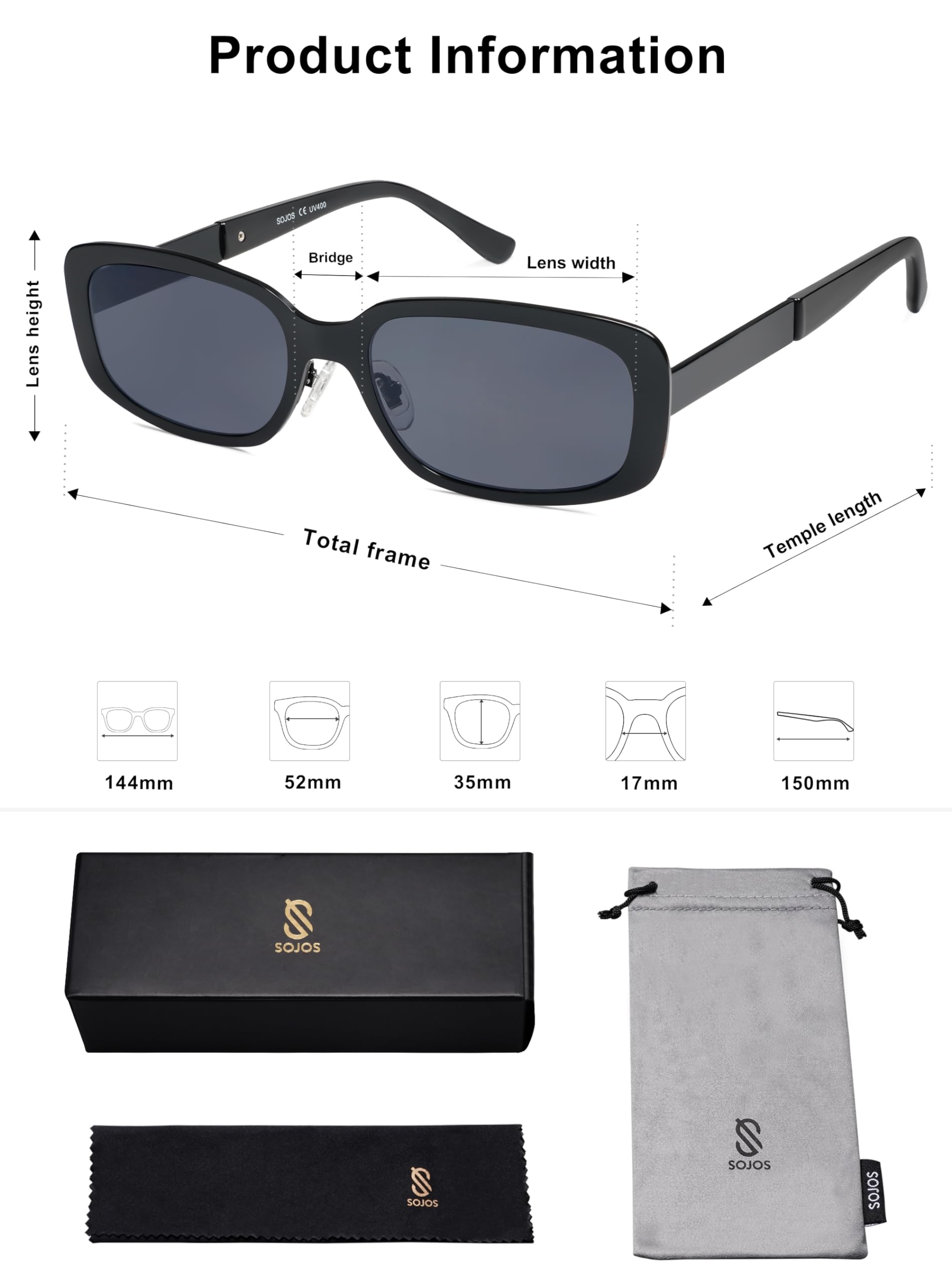 SOJOS Small Face Sunglasses Womens Men Trendy Y2K Designer Cute Shades Petite,Black
