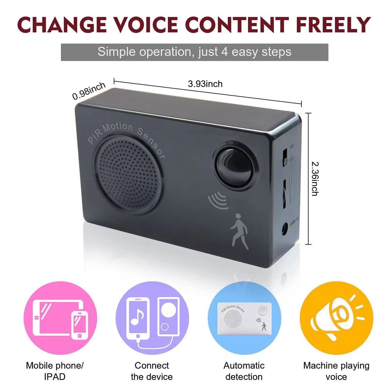 Recording Sound Through Phone-Mini PIR Motion Sensor-Welcome Alarm-Sound Motion Doorbell- Home Security Driveway Alarm- Store Welcome Entry Chime- Audio-in Download Function-Black (Battery Included)
