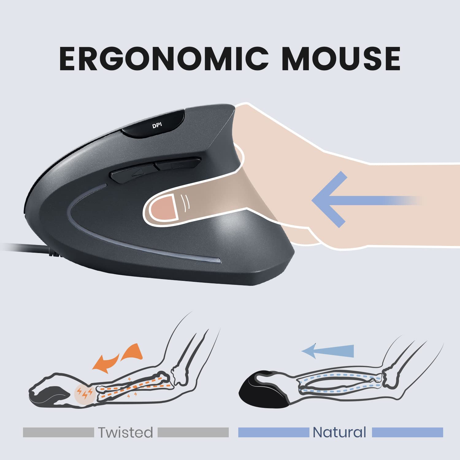 Perixx PERIMICE-513I Wired Vertical USB Mouse - 6 Buttons with 1000/1600 DPI - Right-Handed Design - Graphite