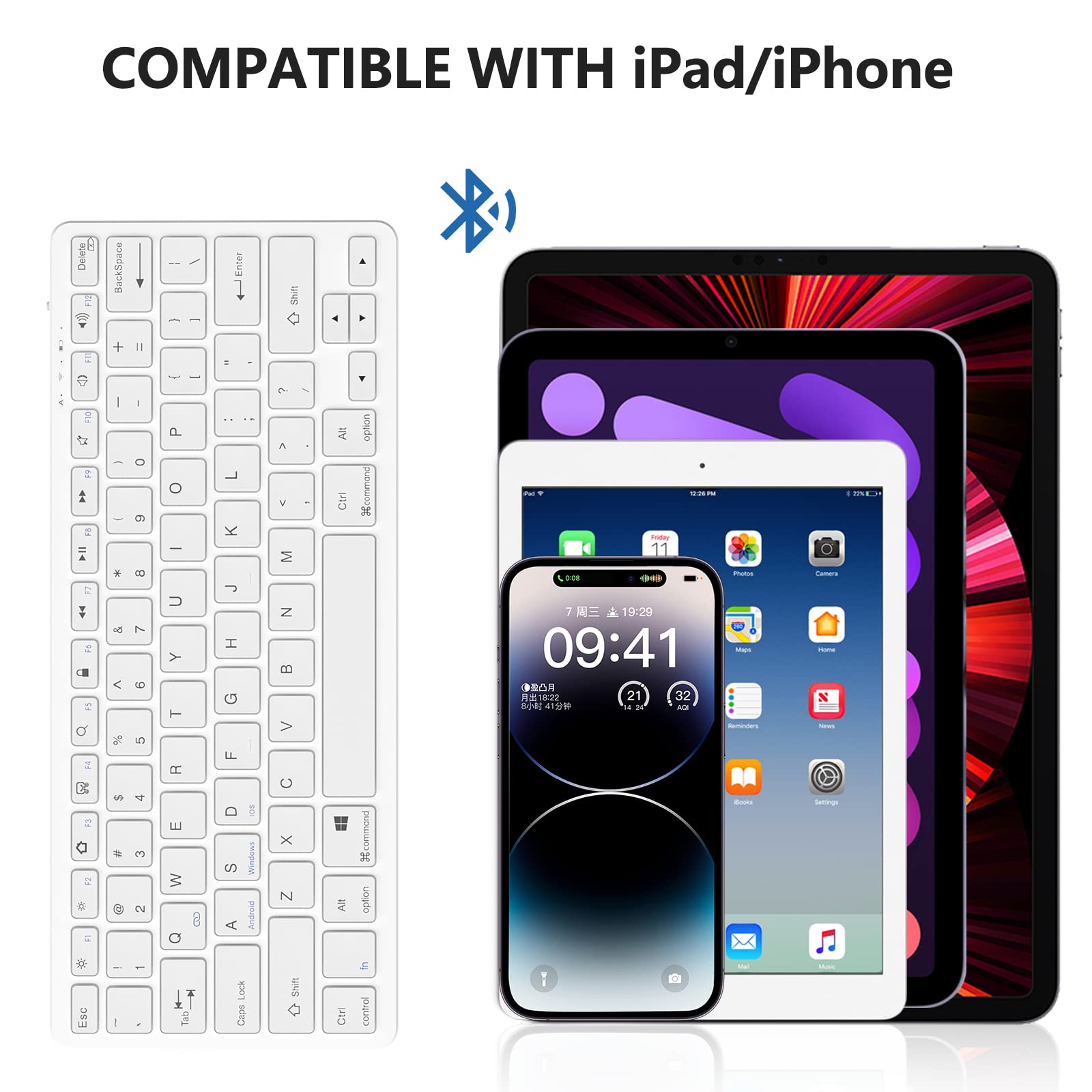 TaIYanG Bluetooth Keyboard for iPad Wireless Keyboard Compatible iPad 10th/iPad 10.2(9th/8th/7th Generation),iPad Air 5th/4th, iPad Pro 11/12.9, iPad 9.7, iPad Mini and All Bluetooth Devices (White)