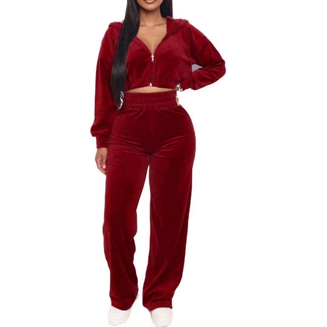 IyMoo Women's Solid Velour Sweatsuit Set Hoodie and Pants Sport Suits Tracksuits Red M