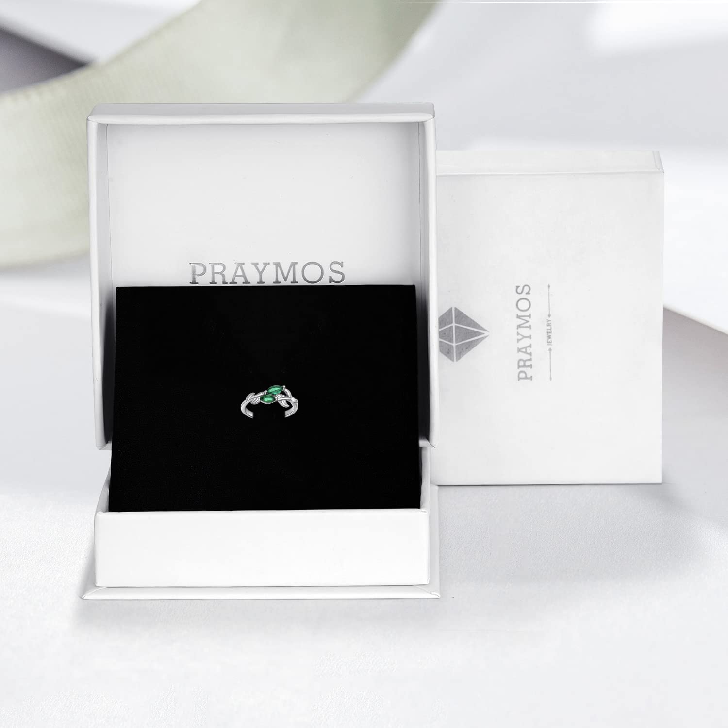 PRAYMOS Leaf Rings 925 Sterling Silver Cubic Green Zircon Adjustable Open Leaf Ring Handmade Jewelry Women's Wedding Engagement Ring