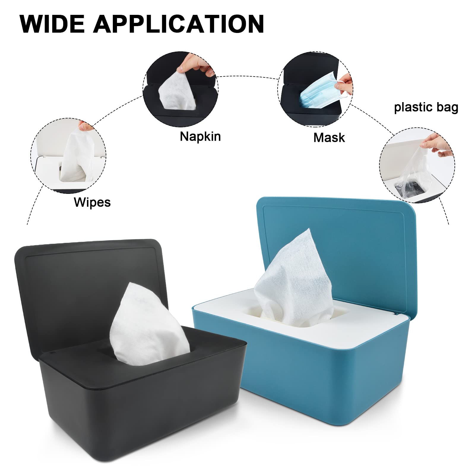 ROLLMOSS 2 Pieces Baby Wipes Dispenser Wipe Container, Baby Wipe Holder for Keep Wipes Moist Fresh Dustproof, Refillable Wet Tissue Storage Box Case for Bathroom Baby Office Nursery (Black, Blue)